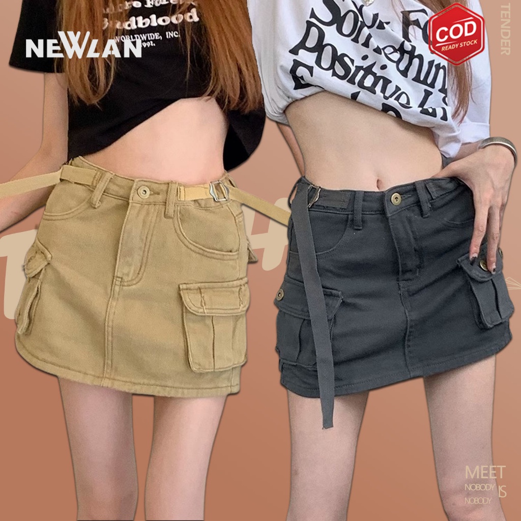 Jual Newlan DQ017 Pocket kargo mini rok korean Jeans Short Pants Rok ...