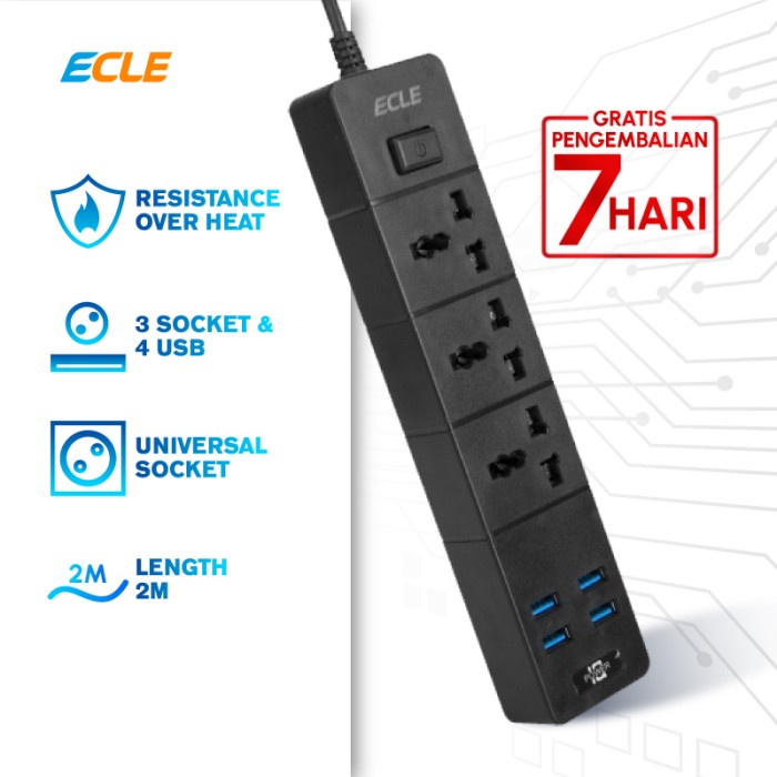 Jual ECLE Power Strip Stop Kontak 4 USB Port 3 Power Socket | Shopee Indonesia