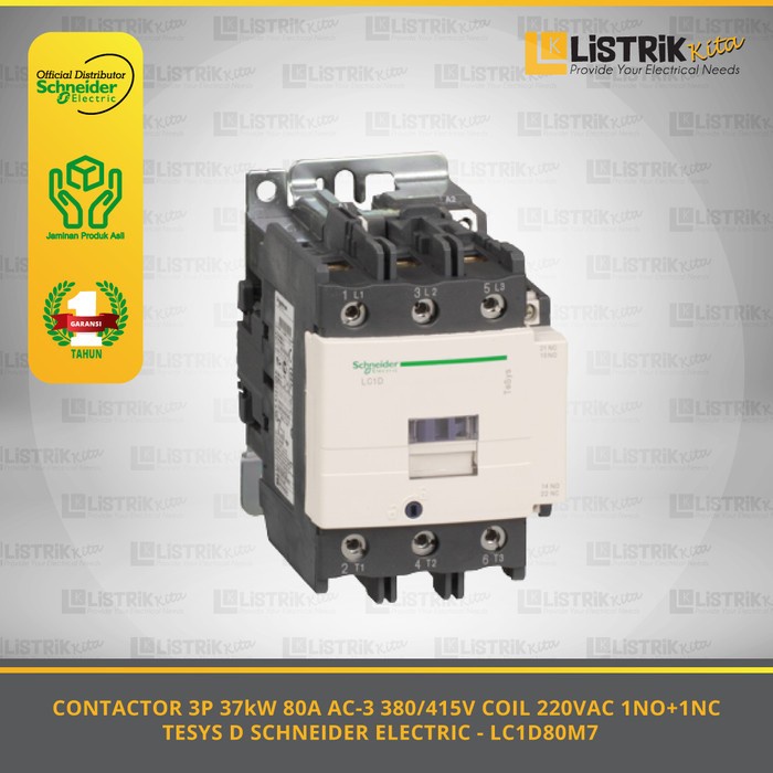 Jual Schneider Tesys D Contactor 3P Ac3 80A 220Vac Coil - Lc1D80M7 ...