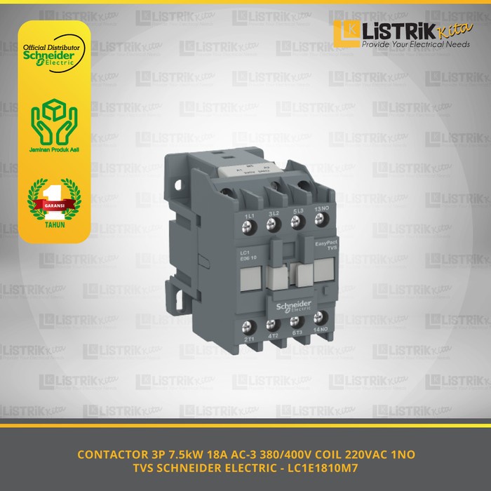 Jual Schneider Easypact Tvs Contactor 3P 440V 18A 220Vac Coil 50/60Hz - Lc1E1810M7 | Shopee ...