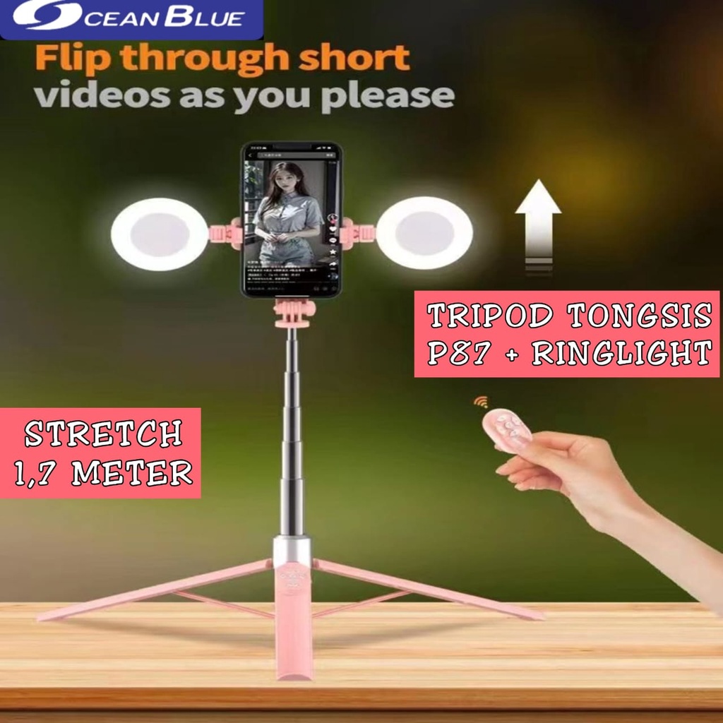 Jual Ocean Blue Tripod Tongsis P87 With Ringlight 170cm Bluetooth