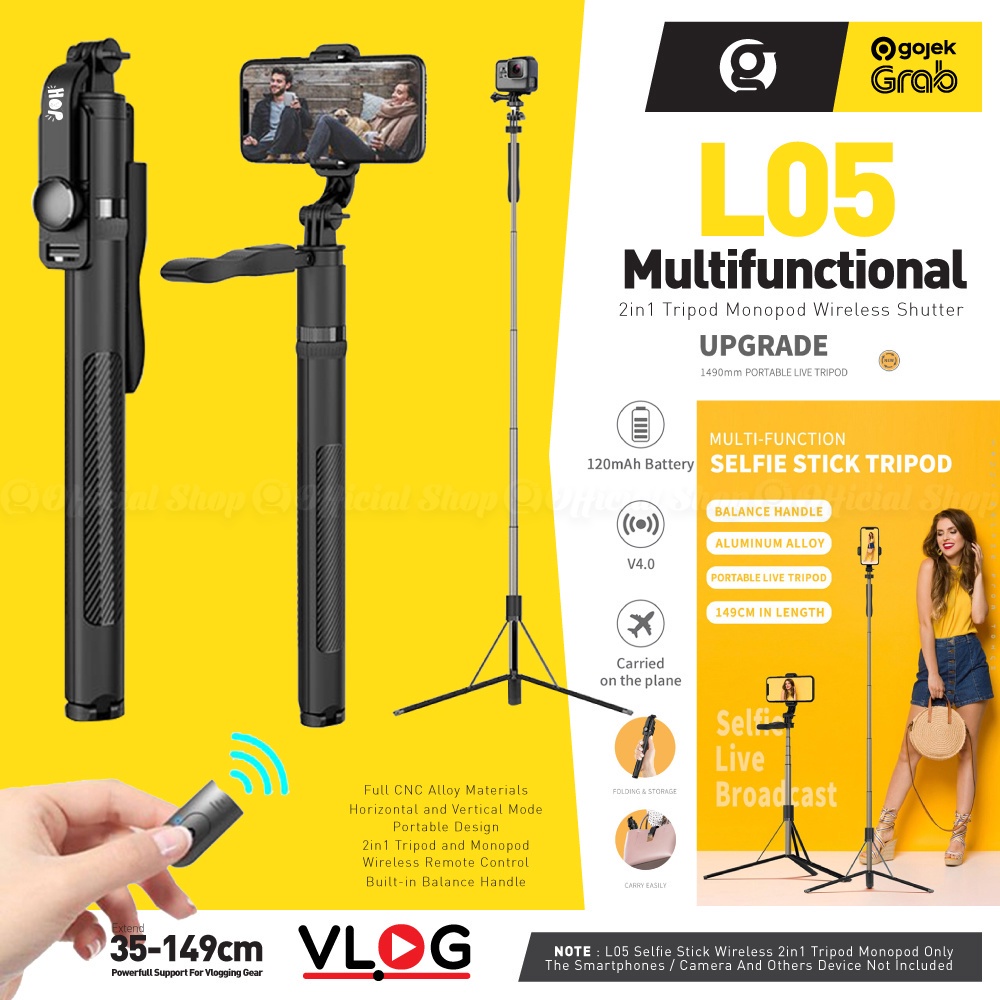 Jual Selfie Stick L05 Aluminium Tripod HP Tongsis Multifungsi Bluetooth Remote (Tripot Handphone ...