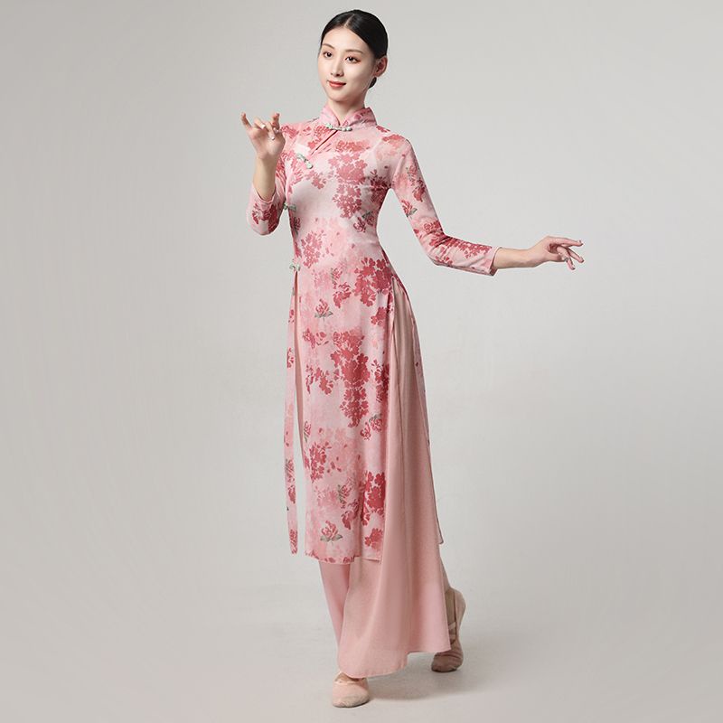 Jual Classical Qipao Dance Dress Female Elastic Mesh Split Chinese ...