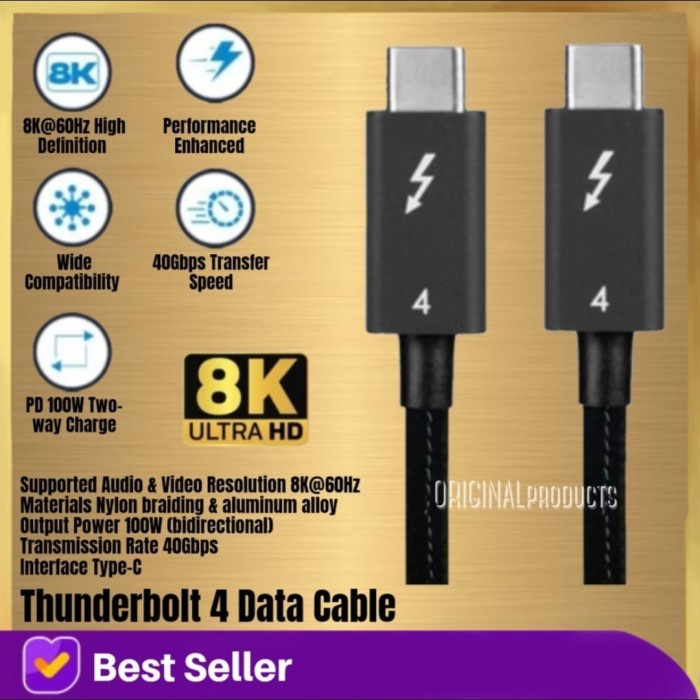 Jual Kabel Thunderbolt 4 data cable 40Gbps 8K 60hz PD 100W Usb C ...
