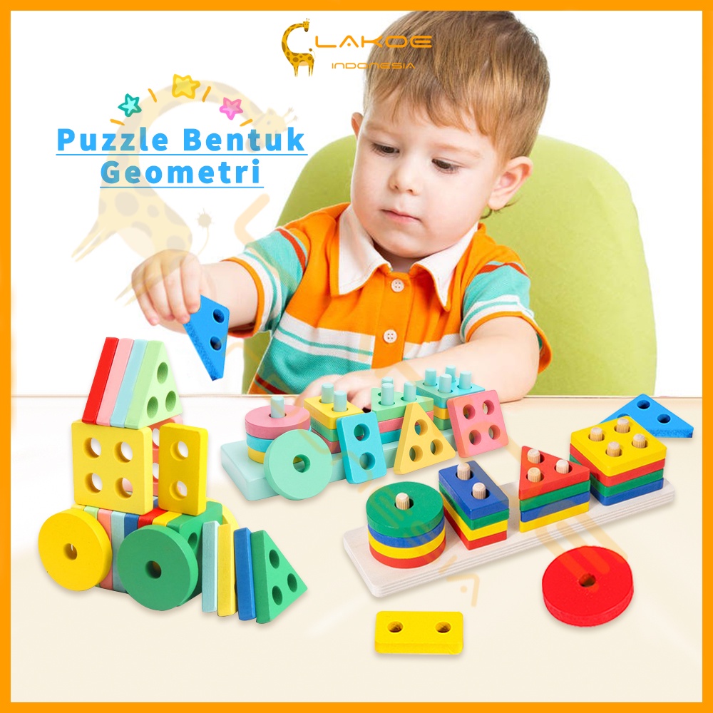 Jual LAKOE Puzzle Kayu Matching Shape/Mini shape sorting toys/Geometric ...