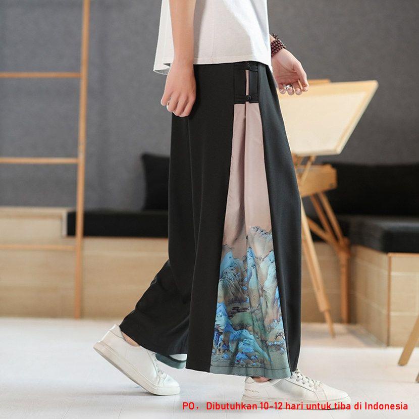 Jual Chinese style pants men's retro patchwork Hanfu casual skirt pants ...