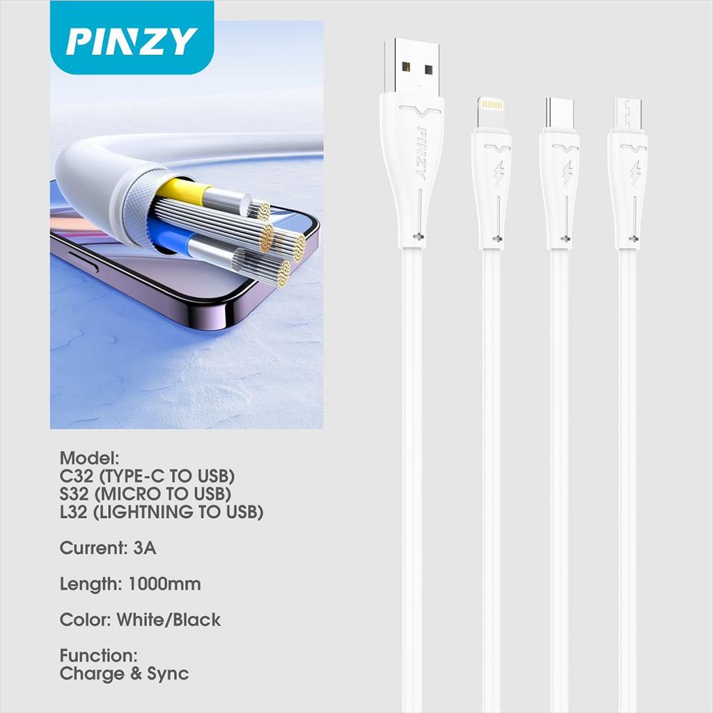 Jual Kabel Data PINZY Fast Charge 1M Micro TipeC Lightning C-C C-L S32 ...