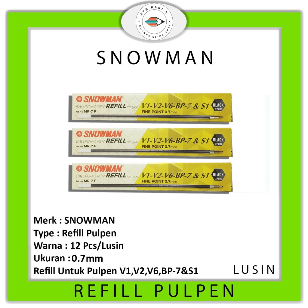 Jual SNOWMAN - Refill Pulpen Ballpoint V1,V2,V6,BP-7 & S1 Hitam - Lusin | Shopee Indonesia