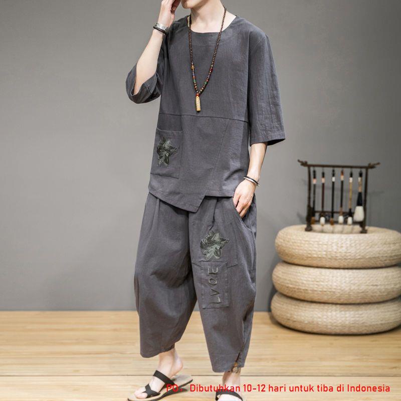 Jual Chinese style men's cotton and linen set, men's retro Zen suit ...