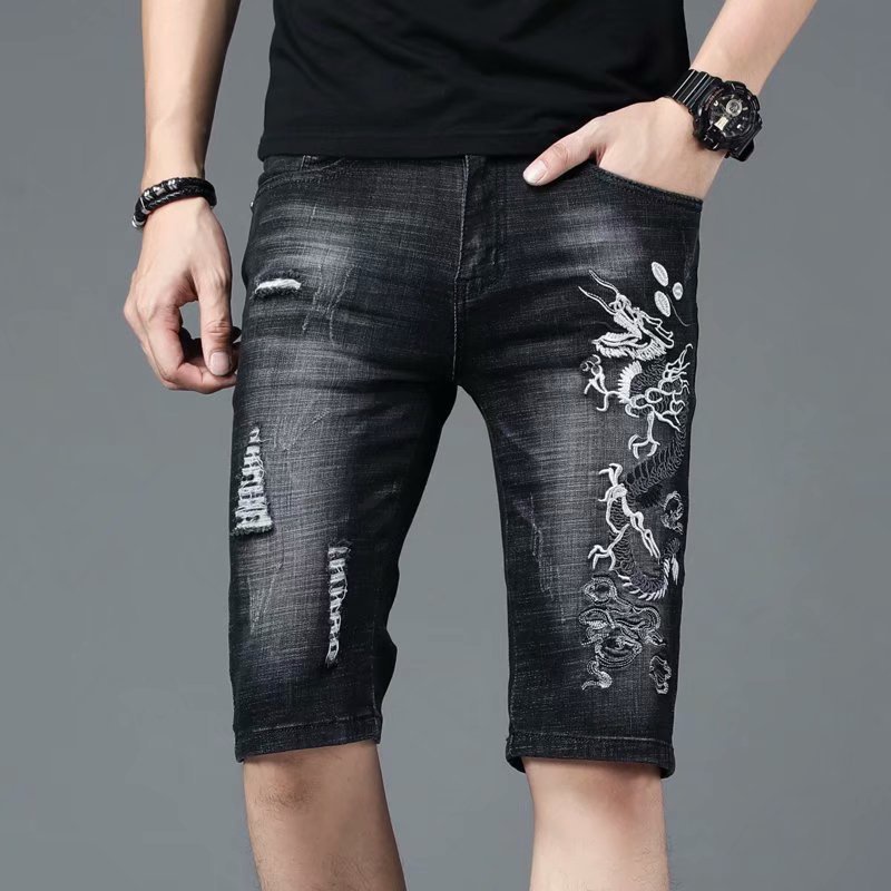 Jual Perforated embroidered denim capris for men | Shopee Indonesia
