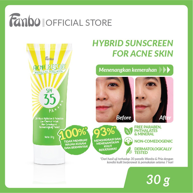 Jual Fanbo Acne Rescue Water Gel Sunscreen SPF 35 PA++++ 30 gr | Shopee ...