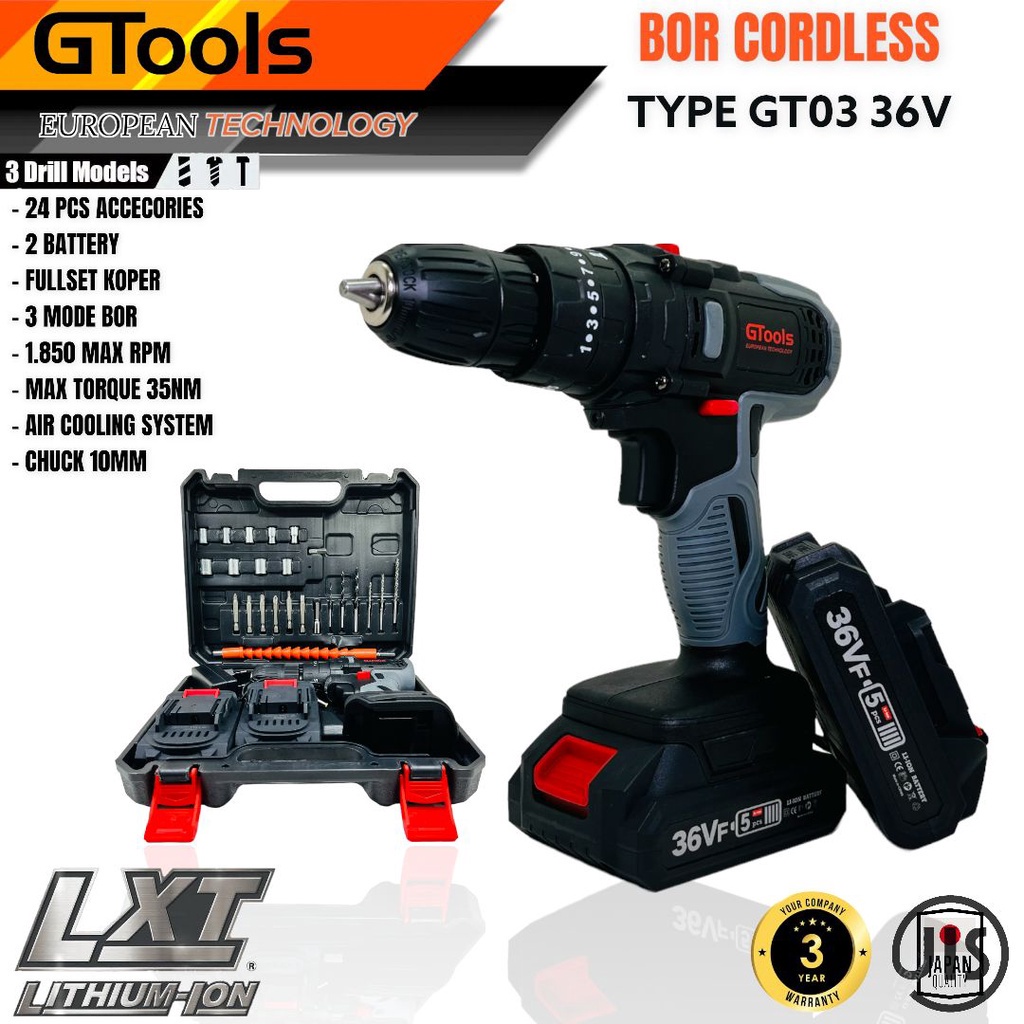 Jual DISKON 90% Bor cordless 36V GTOOLS EROPA GT03 impact drill MESIN bor baterai full fitur set ...