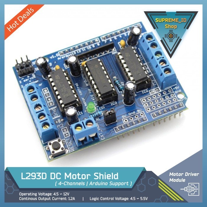 Jual L293D 4-Channel H-Bridge DC Motor Driver Arduino Shield | Shopee Indonesia