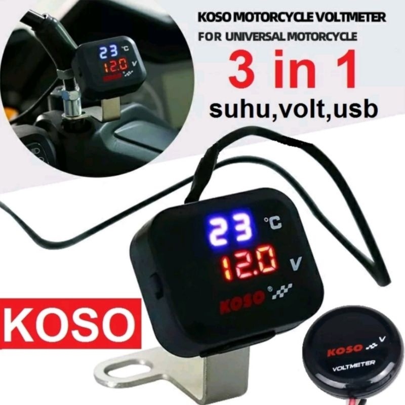 Jual VOLTMETER VOLT METER KOSO 3 IN 1 USB CHARGER TERMOMETER DIGITAL SUHU TEGANGAN AKI UNIVERSAL ...