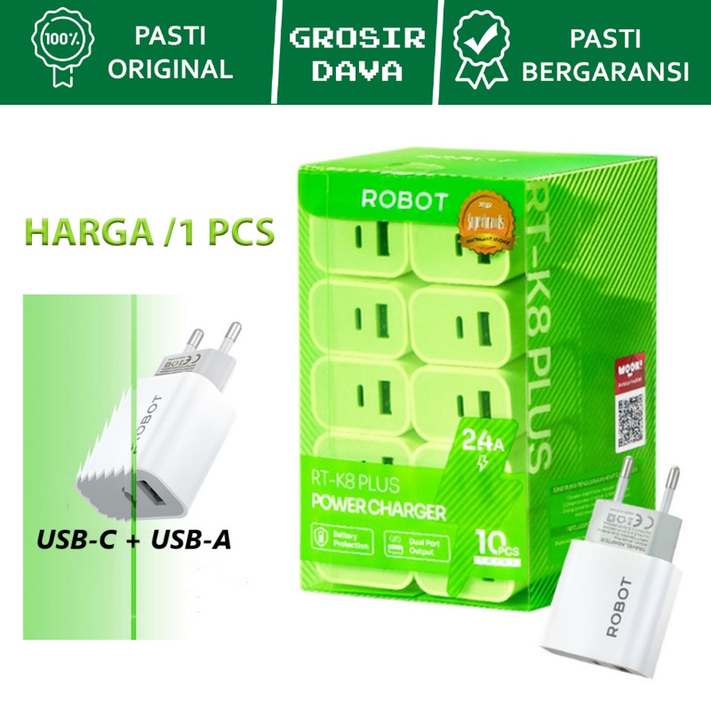 Jual Robot RT-K8 Plus Ecer/Satuan Charger Dual Output USB-A + USB-C 2.4A Original | Shopee Indonesia