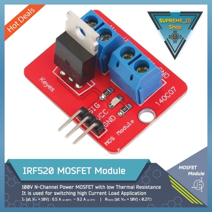 Jual Mosfet IRF520 MOSFET Driver 100V 10A for Motor / Solenoid -KEI80 ...