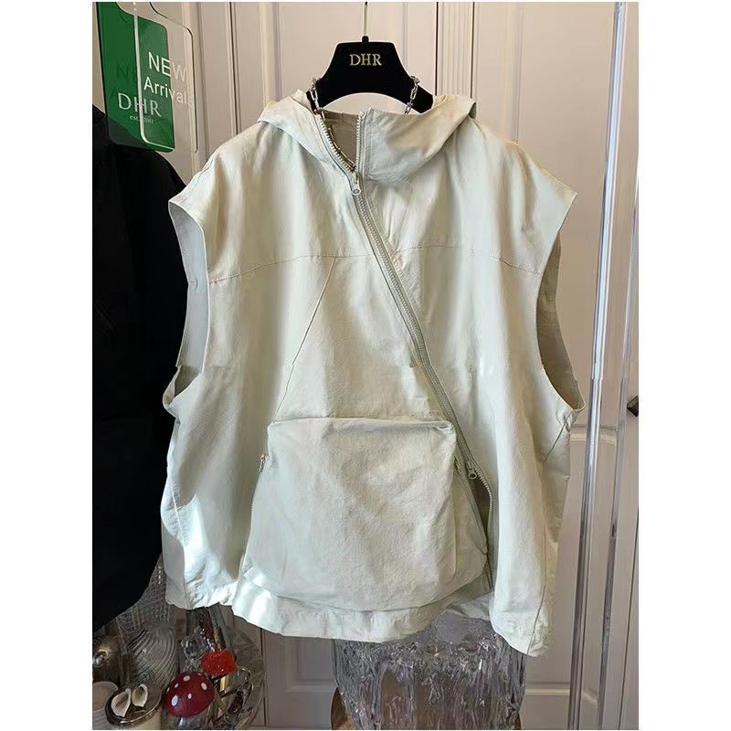 Jual loose fitting casual diagonal zipper pockets, hooded vest, men's ...