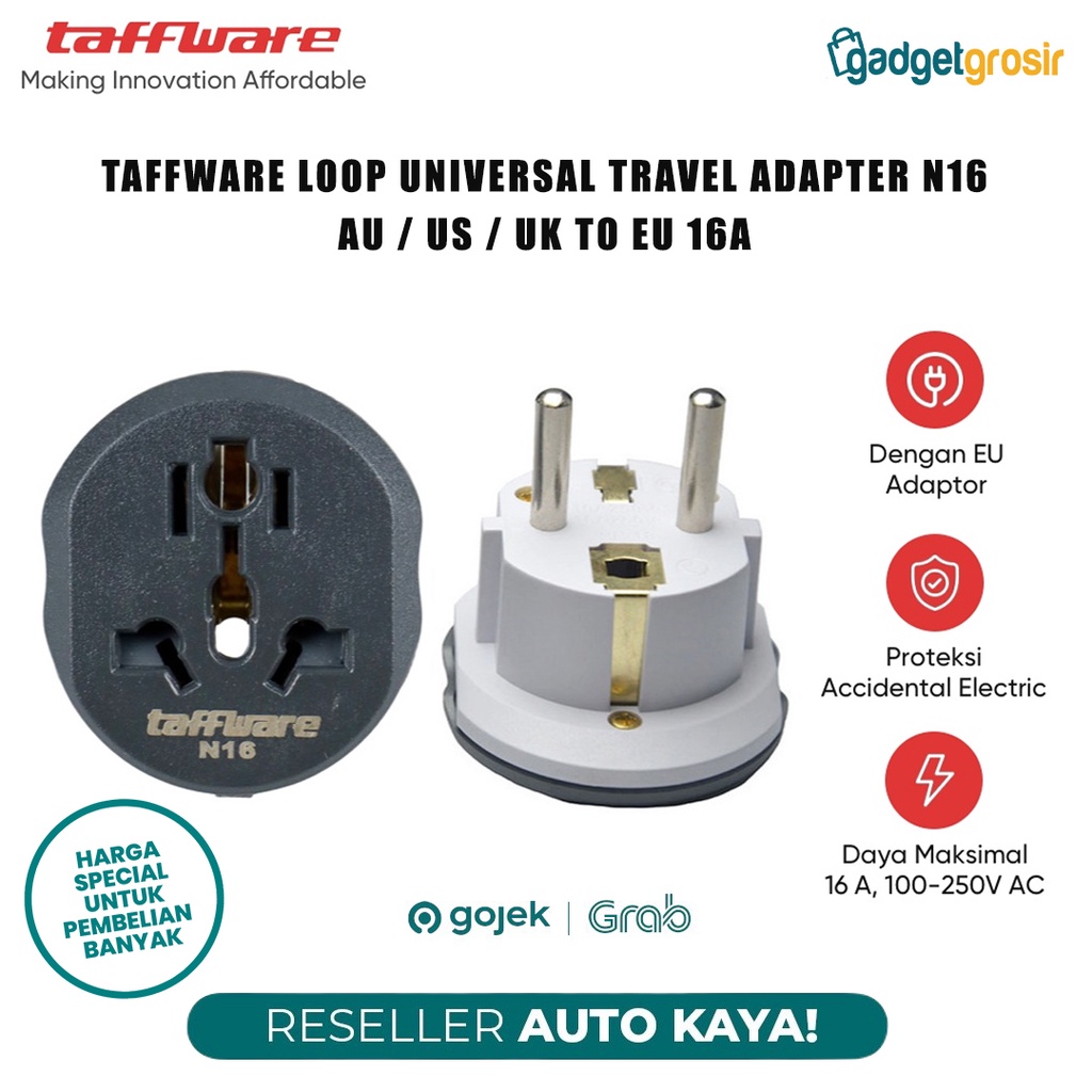 Jual Taffware Loop N16 Universal Travel Adaptor AU US UK to EU Plug 16A ...