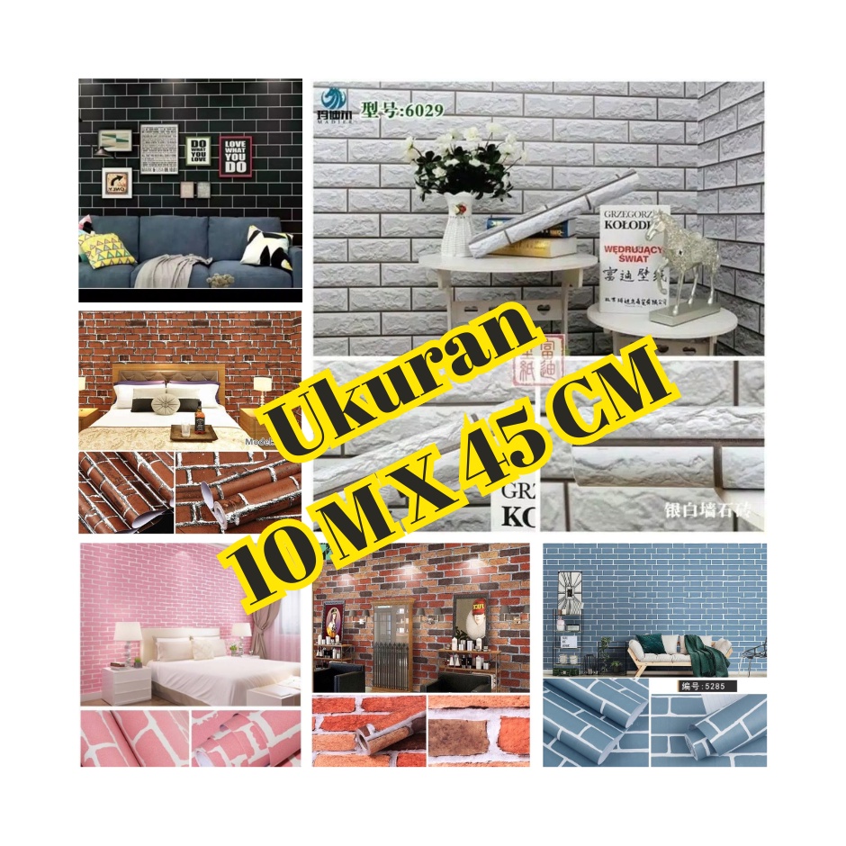 Jual Wallpaper Dinding Sticker Dinding Batu Bata Pink Biru Hitam Putih ...