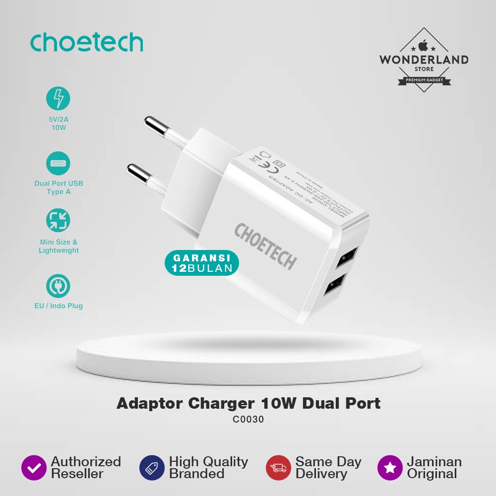 Jual Choetech Wall Adaptor Charger Dual Port USB-A 10W 5V 2A Universal ...
