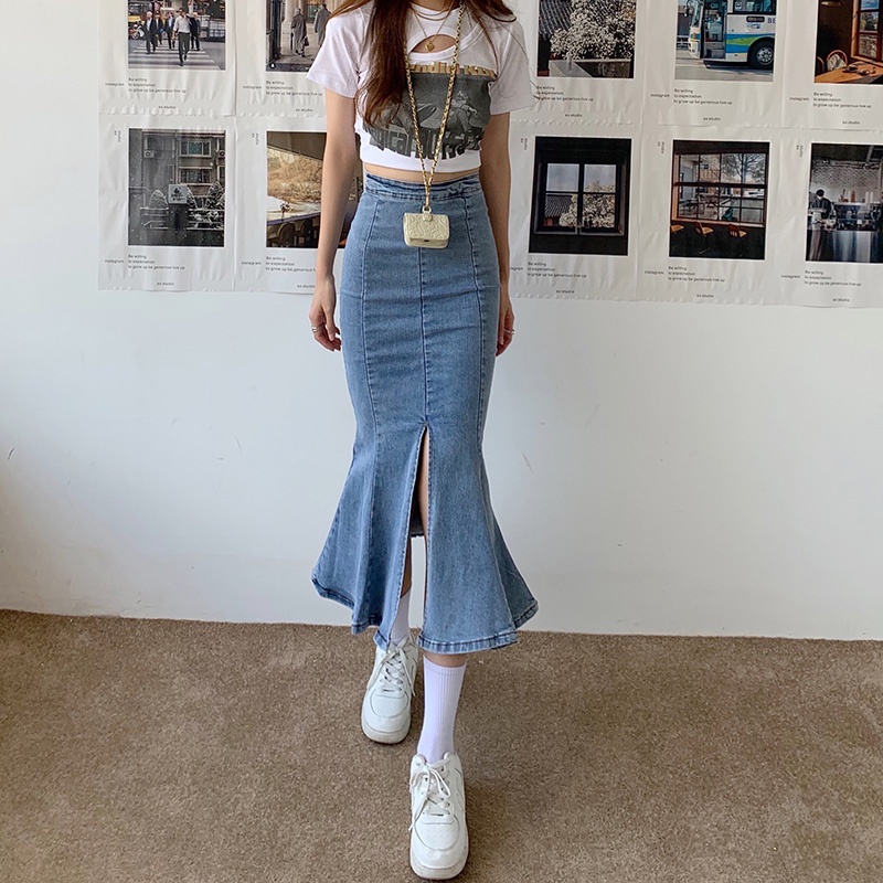 Jual Newlan QZ049 Rok denim slit stretch/ span panjang ||Hyuna Denim ...