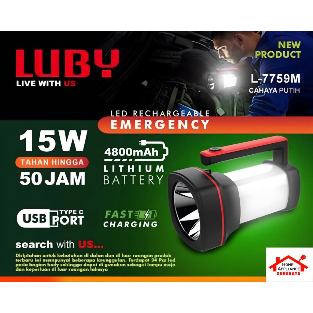 Jual LUBY Senter Tangan Besar 15W 15 Watt + Emergency 34 Pcs SMD LED 4800mAh Tahan 50 Jam Cahaya ...