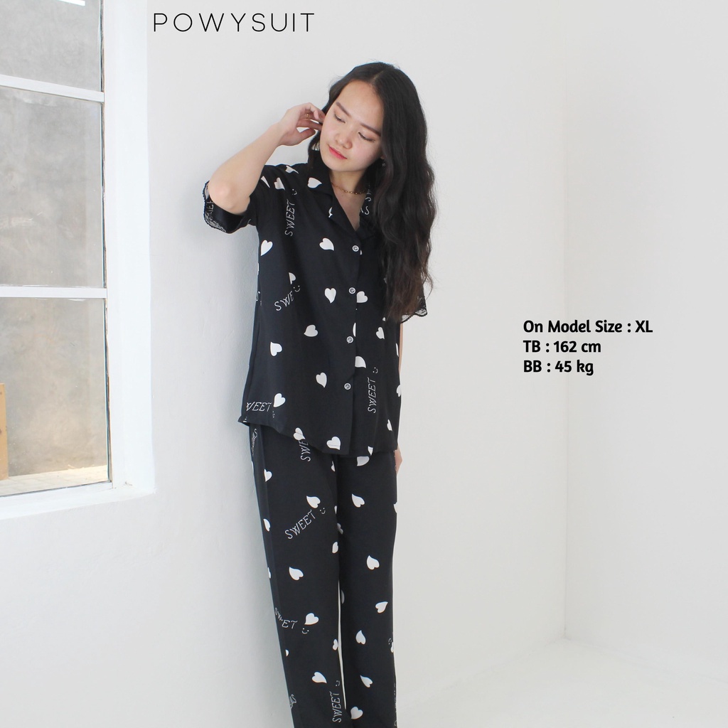 Jual ST Vianca Piyama Motif Love Hitam Powysuit Bahan Satin Lengan Pendek Celana Panjang Baju ...