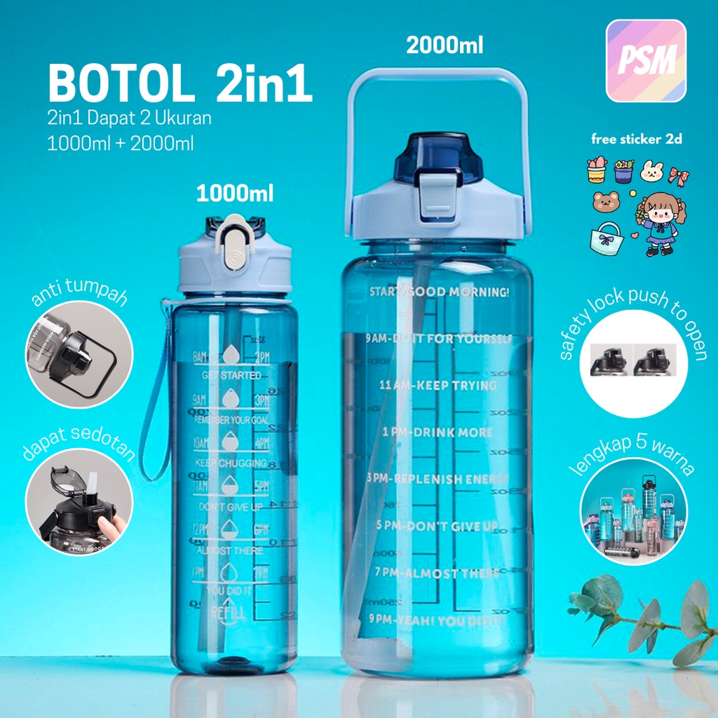 Jual [PSM] Botol Minum Motivasi Set 2 in 1 Botol Air 2 Liter + 1 Liter ...