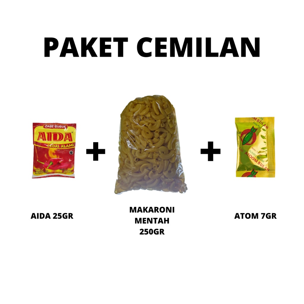 Jual paket cemilan makaroni mentah 250gr aida 25gr atom 7gr | Shopee ...