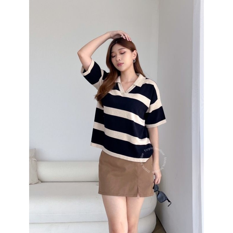Jual Jasmine Knit Tops Baju Atasan Rajut Wanita Katun Halus Adem Tangan Pendek Kerah Garis ...