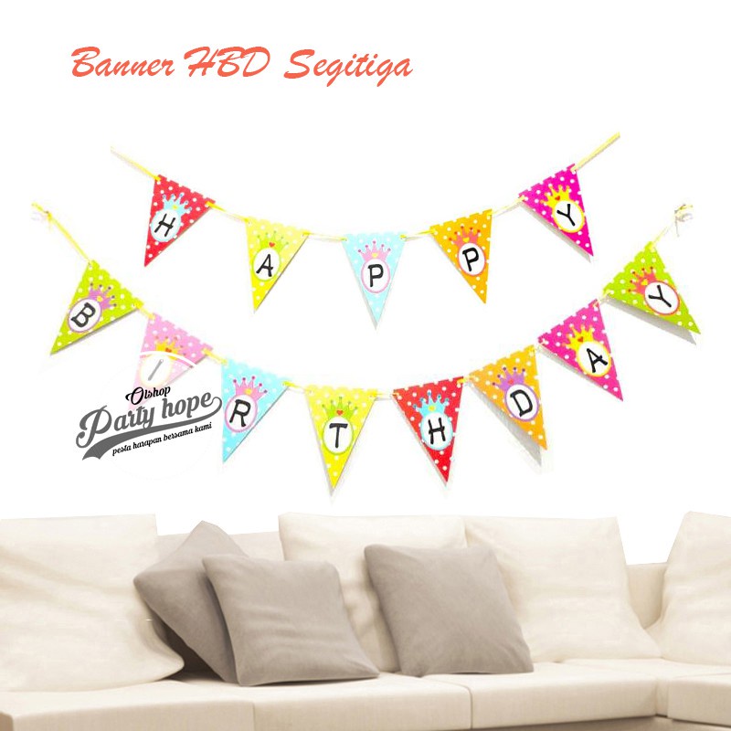 Jual bunting flag HBD segitiga polkadot / banner segitiga hbd warna ...