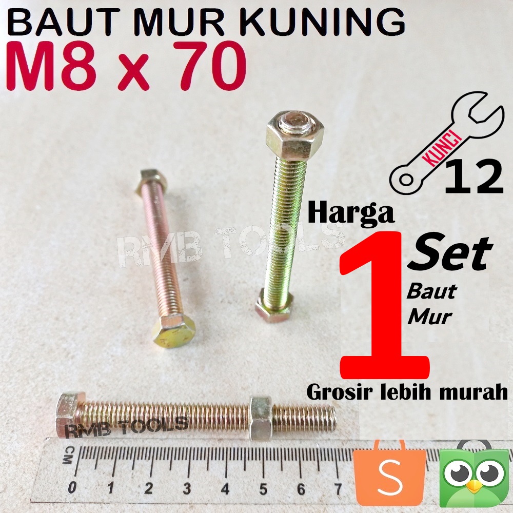 Jual Baut Mur Kuning M8 x 70 (7cm) Hex Besi BMK Kunci 12 K12 Grade 4.6 Murah M8 | Shopee Indonesia
