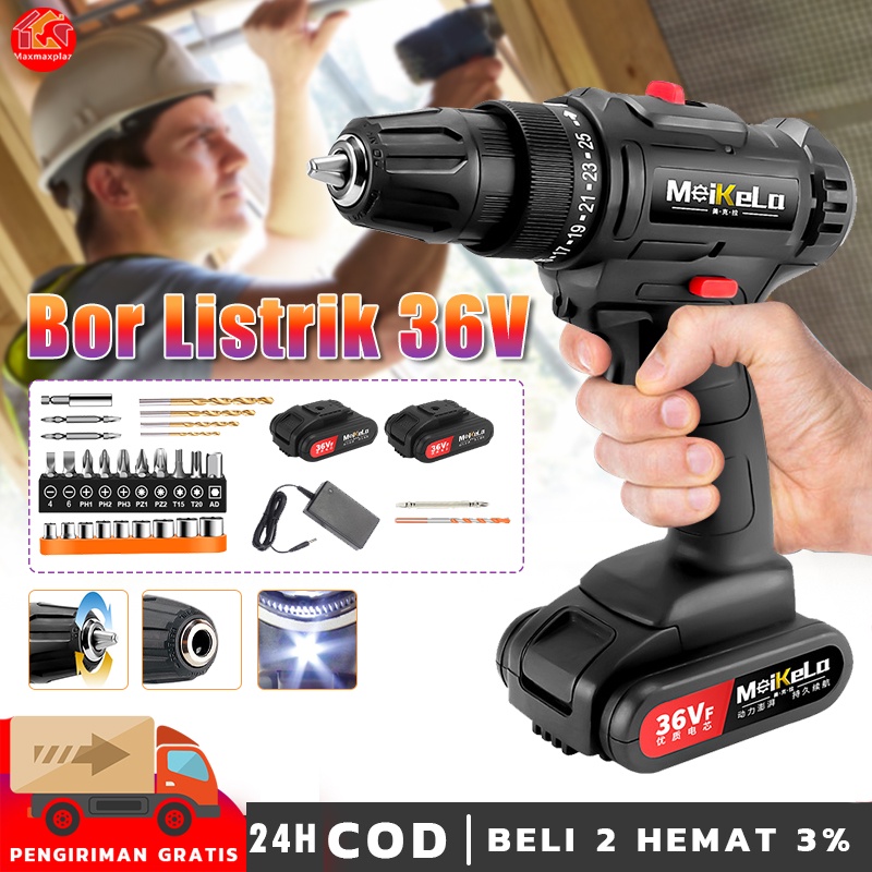 Jual Mesin Bor Cordless 36VF Bor Listrik 2 baterai bor impact 10mm ...