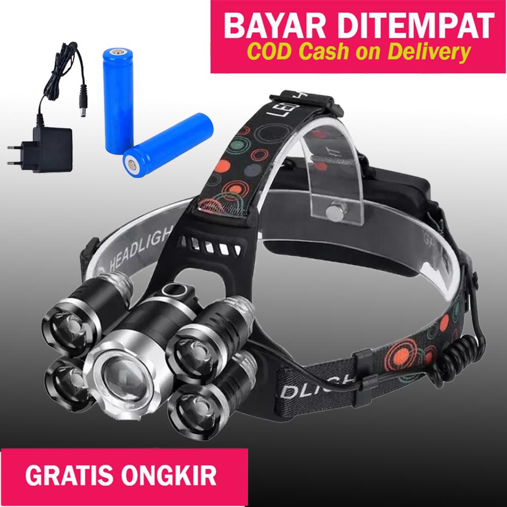 Jual Senter Kepala Led Cas Ulang Listrik 5 Mata Besar Rechargeable Jarak Sorot Sangat Jauh 2KM ...