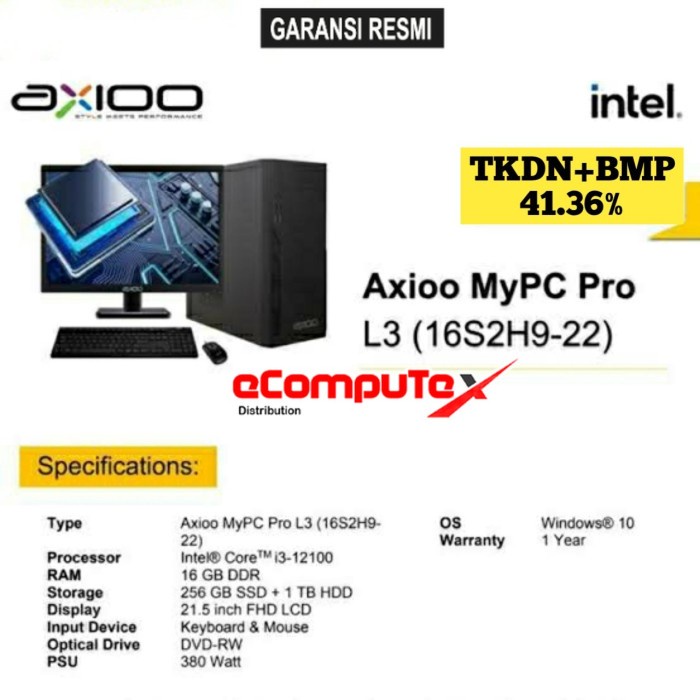 Jual PC DESKTOP AXIOO MYPC PRO L3 (16S2H9-22) i3 16GB 1TB 22"FHD TKDN ...