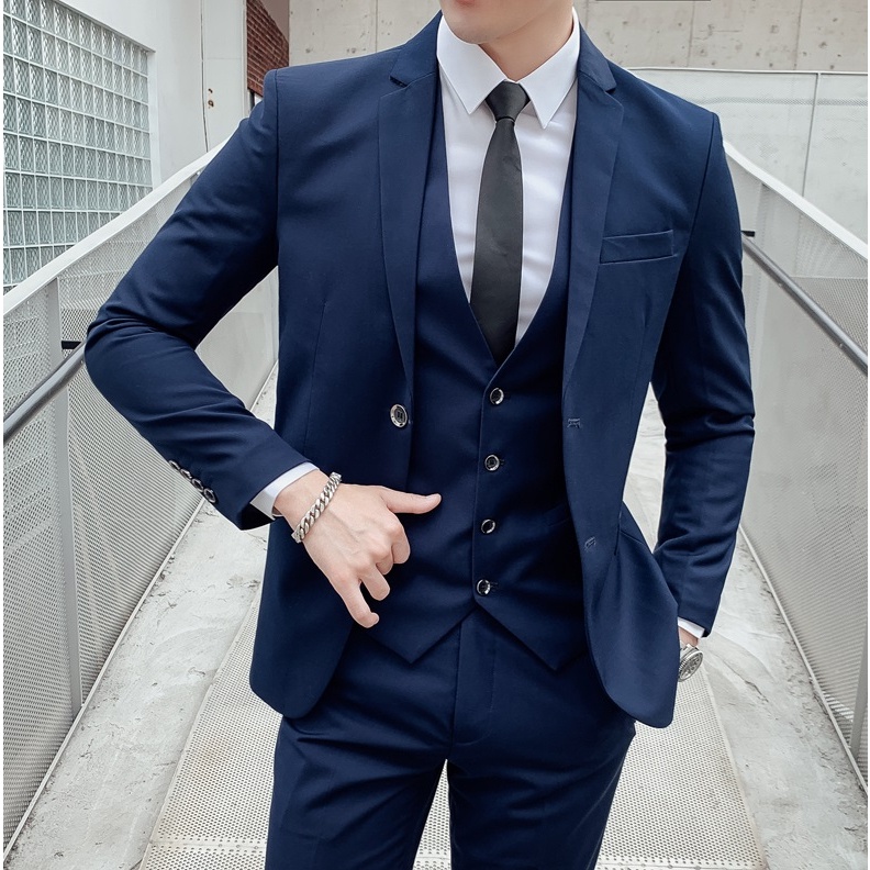 Jual 3 in 1 Setelan Jas Blazer Warna Navy Polos Setelan Jas Pria Rompi ...