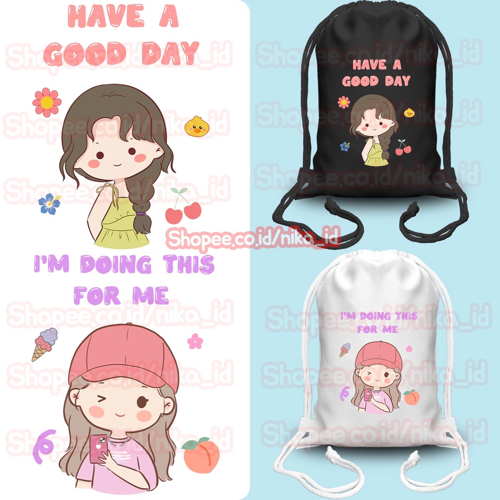 Jual Tas Serut Kanvas Hitam / Putih Qoute Girl Lady Quote String Bag ...