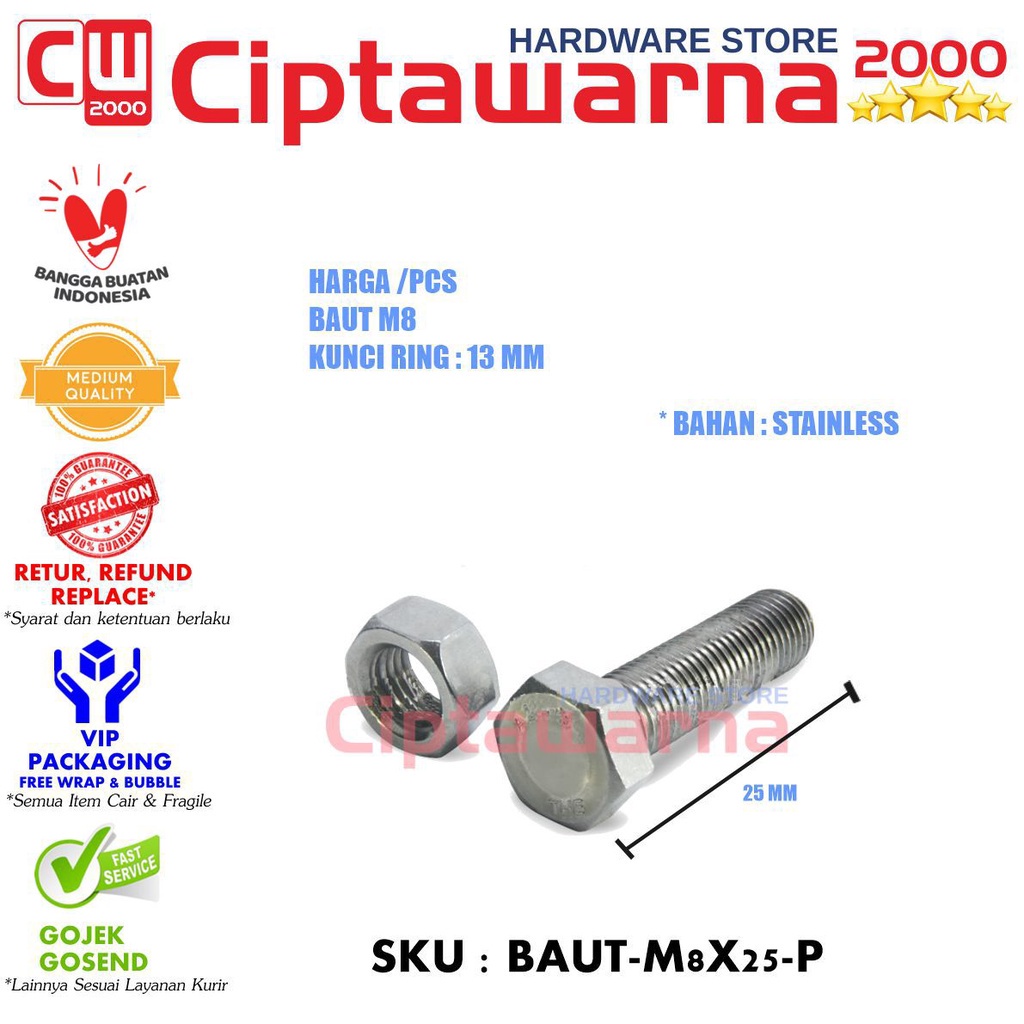 Jual Baut Mur Hex Stainless Stee 304 M8 X 25 Baut Mur Pengencang - CW | Shopee Indonesia