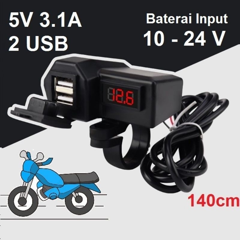 Jual Casan HP Motor USB Plus Voltmeter aki digital Di stang waterproof ...