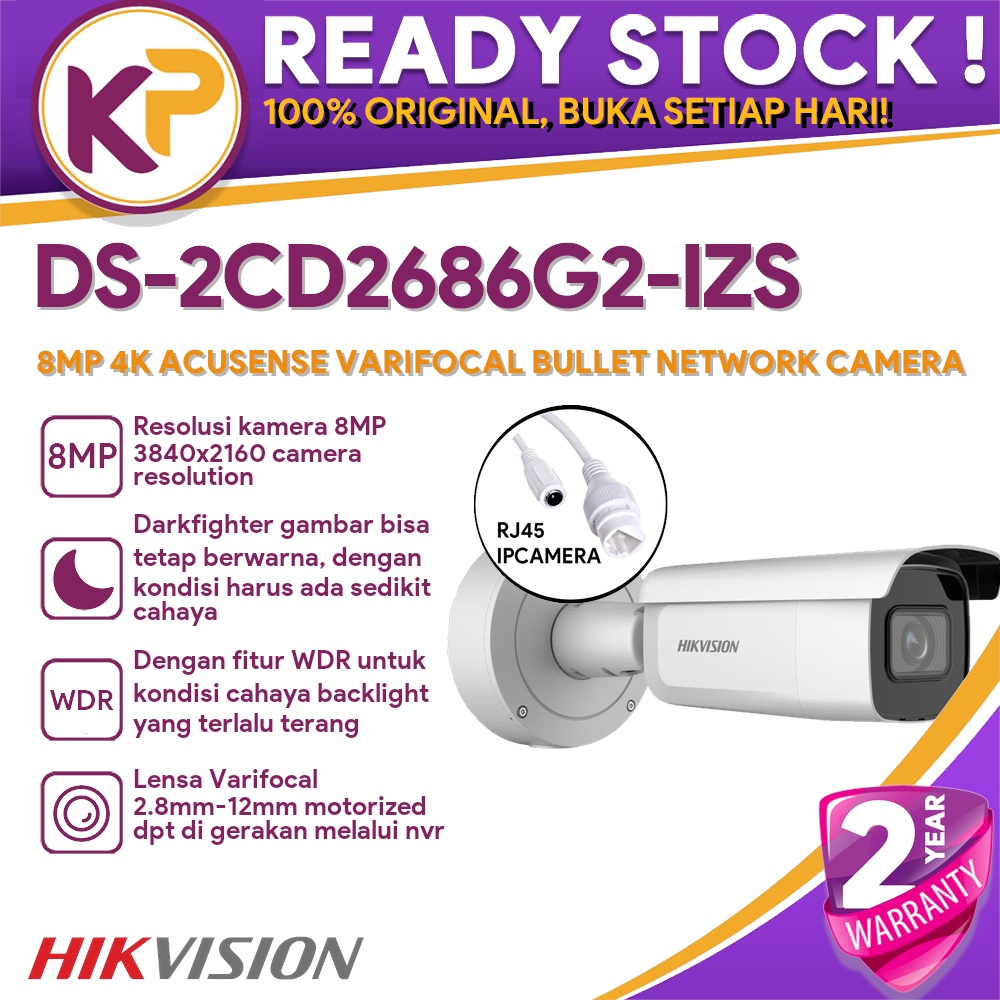 Jual HIKVISION DS-2CD2686G2-IZS 8MP 4K ACUSENSE VARIFOCAL BULLET IP CAMERA | Shopee Indonesia