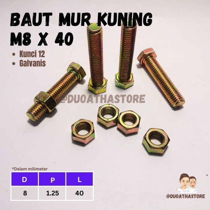 Jual M8x40 Baut Mur Kuning BMK Hex M8 x 40 FT Galvanis Kunci 12 | Shopee Indonesia