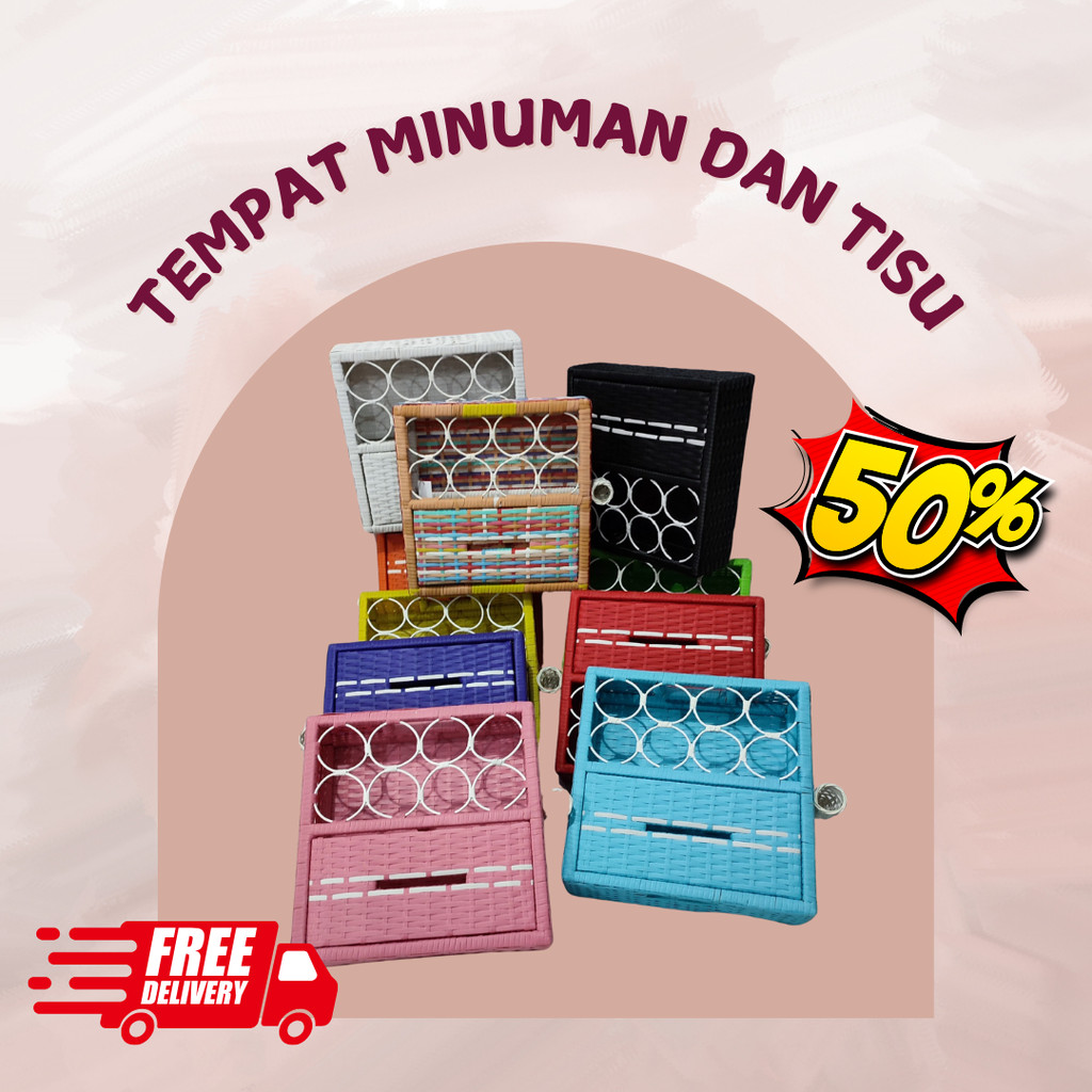 Jual Tempat Minuman 8 Cup Minimalis + Wadah Tisu Rotan Multifungsi ...