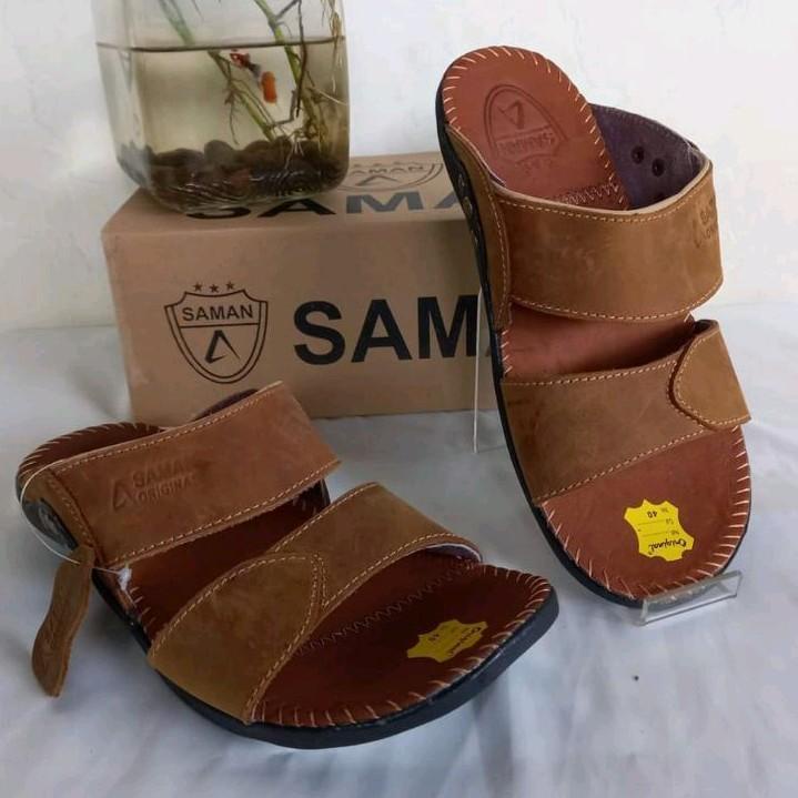 Jual SANDAL KULIT SAMAN MODEL BAN DUA Coklat Muda Sol TPR Karet Lentur ...