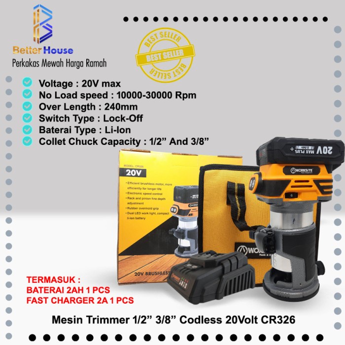 Jual Mesin Trimmer Router Profil Kayu Cordless 20V Worksite Cr326 Bc2A ...