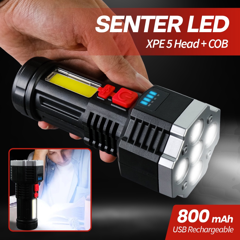 Jual Senter LED 5 Mata USB Rechargeable Flashlight XPE 5 Head + COB ...