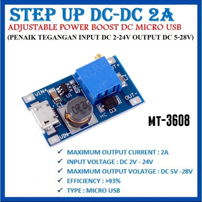 Jual SS3 Step Up DC DC Boost 2A Micro USB Power Modul Penaik Tegangan MT3608 TOOL PART | Shopee ...