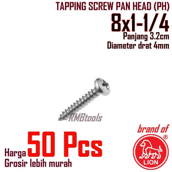 Jual 8x1-1/4 Sekrup Tapping PH Kepala Pentol Panjang 3.2cm #8 / Pan ...