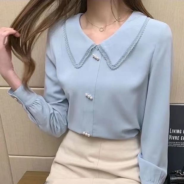 Jual FANMU Kemeja Sifon Biru Gaya Korea Baru 2023/Atasan Kerah Boneka ...