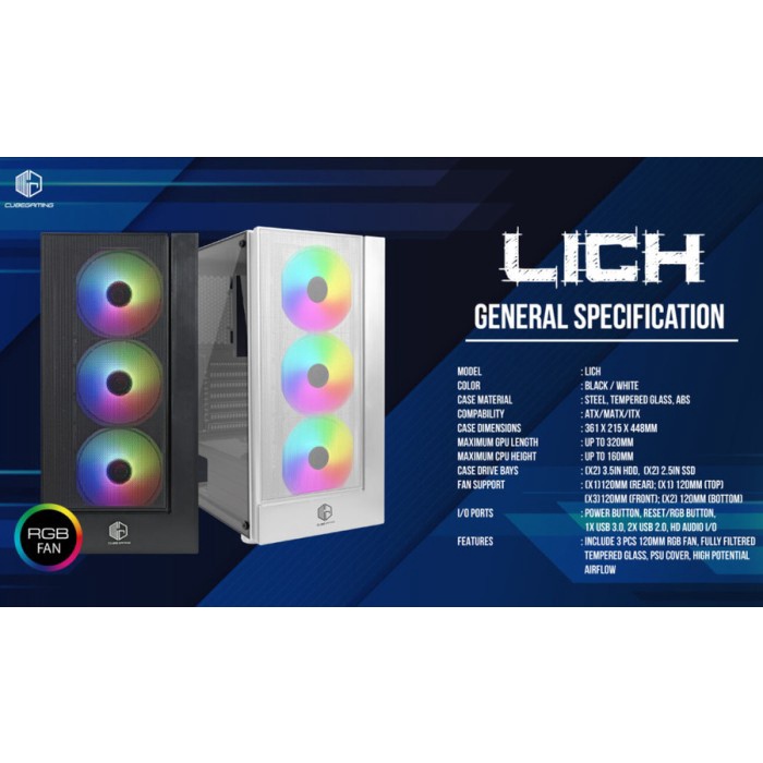 Jual Casing Cube Gaming LICH - ATX - Tempered Glas include 3Fan RGB ...