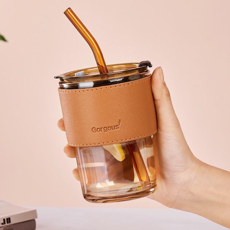 Jual Kuko Gelas Kopi Tumbler Kaca Coklat Aesthetic Gelas Minum Bening Dengan Kulit Case Anti ...